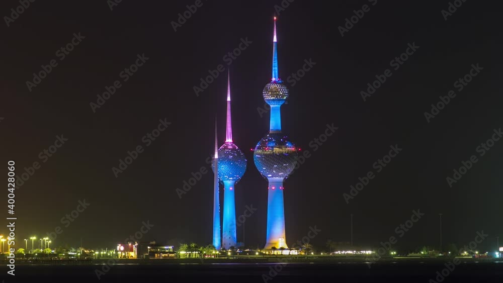 Top view of Kuwait Towers night timelapse illuminated at night - the ...