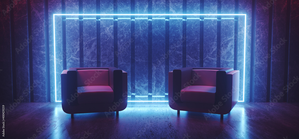 Sci Fi Neon Futuristic Club Seats Chairs Lounge Room Glowing Rectangle ...