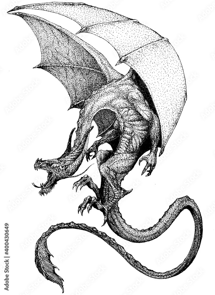 Evil winged dragon ready for an attack in the air, spread its wings and ...