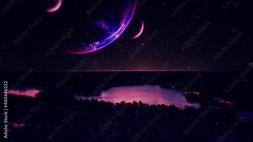 Alien planet with two satellites over a lake surrounded by forest ...
