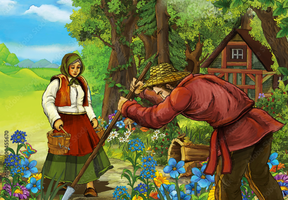 cartoon scene with farm woman and man in the forest illustration Stock ...
