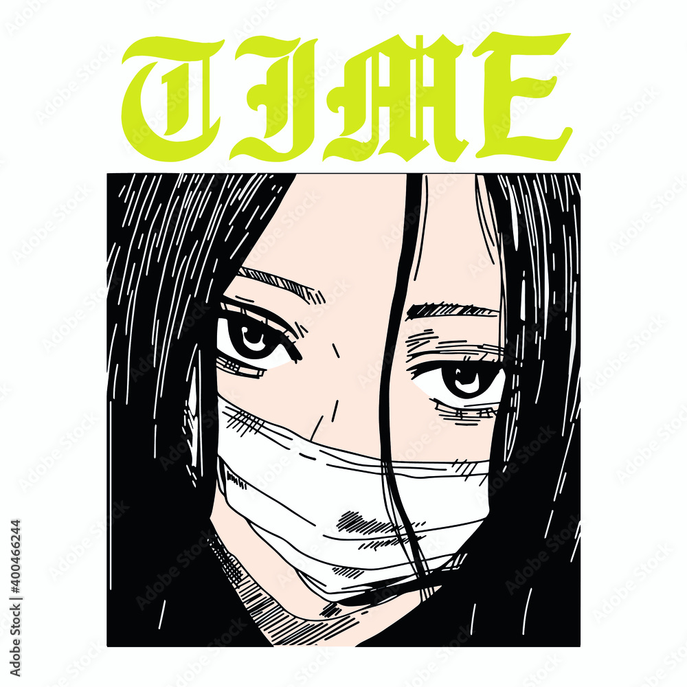 Hand drawn manga face with mask Vector design for t-shirt graphics ...