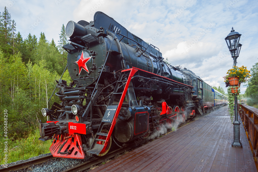 RUSKEALA, RUSSIA - AUGUST 15, 2020: Soviet steam locomotive of the "L ...