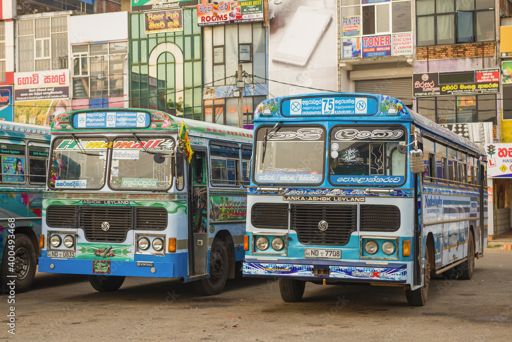ANURADHAPURA, SRI LANKA - FEBRUARY 07, 2020: Two intercity buses "Lanka ...