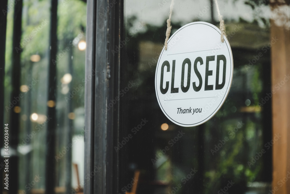 Close. coffee cafe text on vintage sign board hanging on glass door in ...