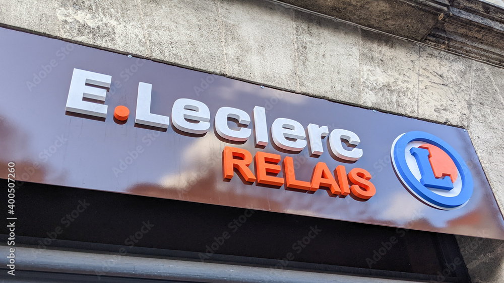 E.leclerc relais text brand and logo sign on building facade shop ...