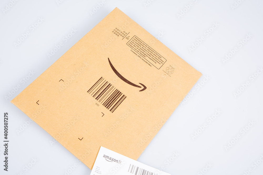 Amazon logo with sign arrow smiling printed on delivery envelope brown ...