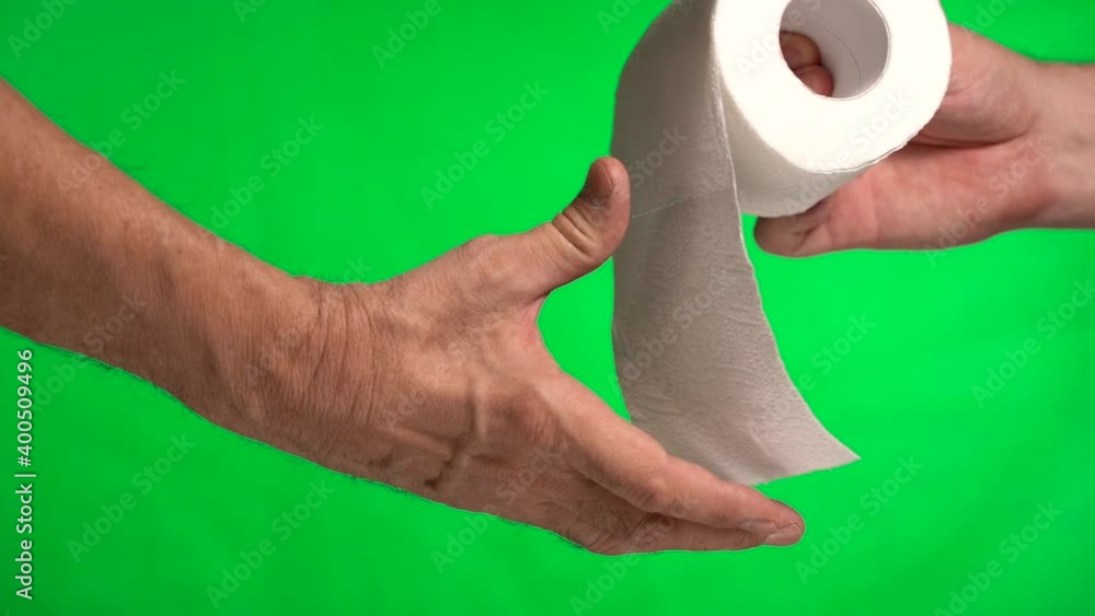 Man Hand Taking Toilet Paper. Chroma Key Green Screen Background Stock ...