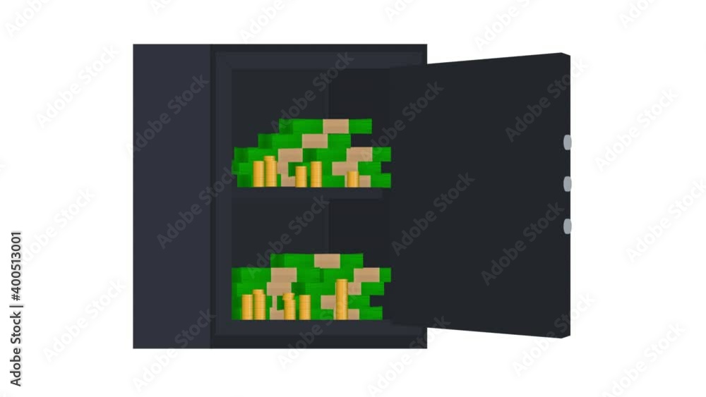 Bank safe Deposit box. Animation of the safe with money and gold coins ...