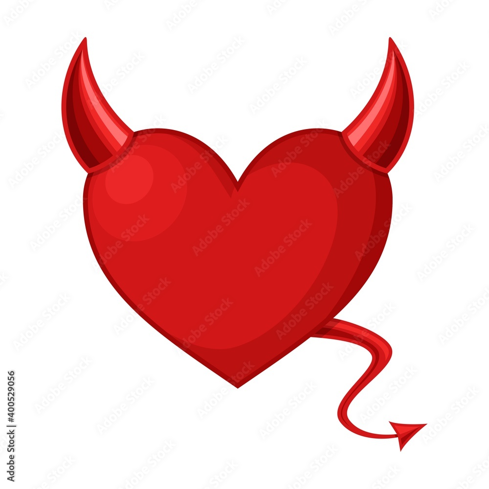 Red Heart with devil horns and a tail isolated on white background ...