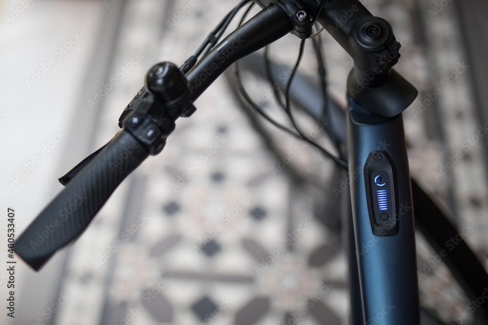 Modern blue ebike electric handle bars on off button battery life cycle ...