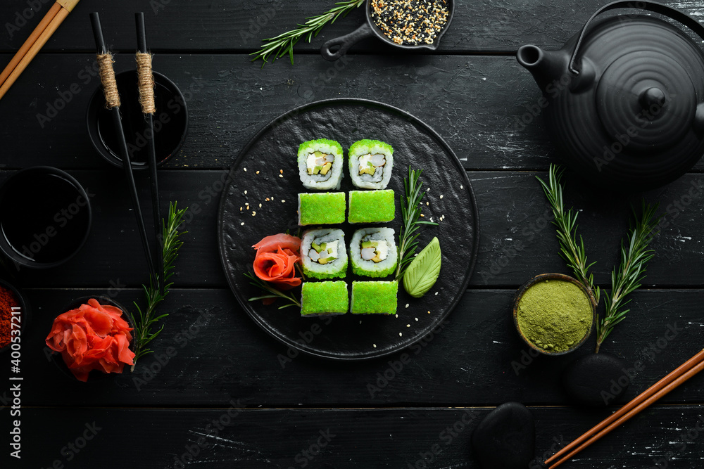 Green Sushi Rolls - With Tobiko Green Caviar and Shrimp. Traditional ...