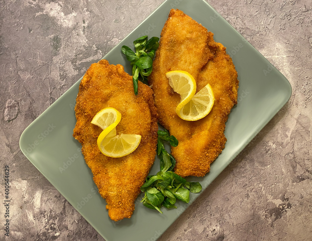 Poster Classic breaded plaice fish fillets, coated in flour, egg ...