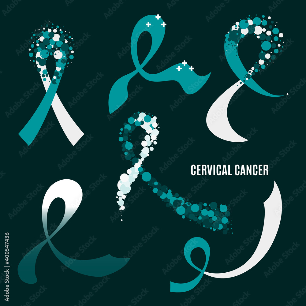 Cervical cancer awareness ribbon collection set. White and teal bows on ...