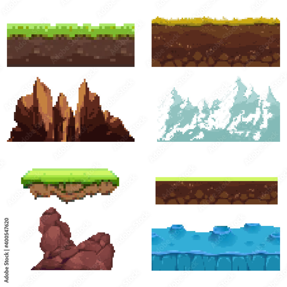 Pixel game set. Ground, grass, sky, mountains and rocks. Pixel art ...