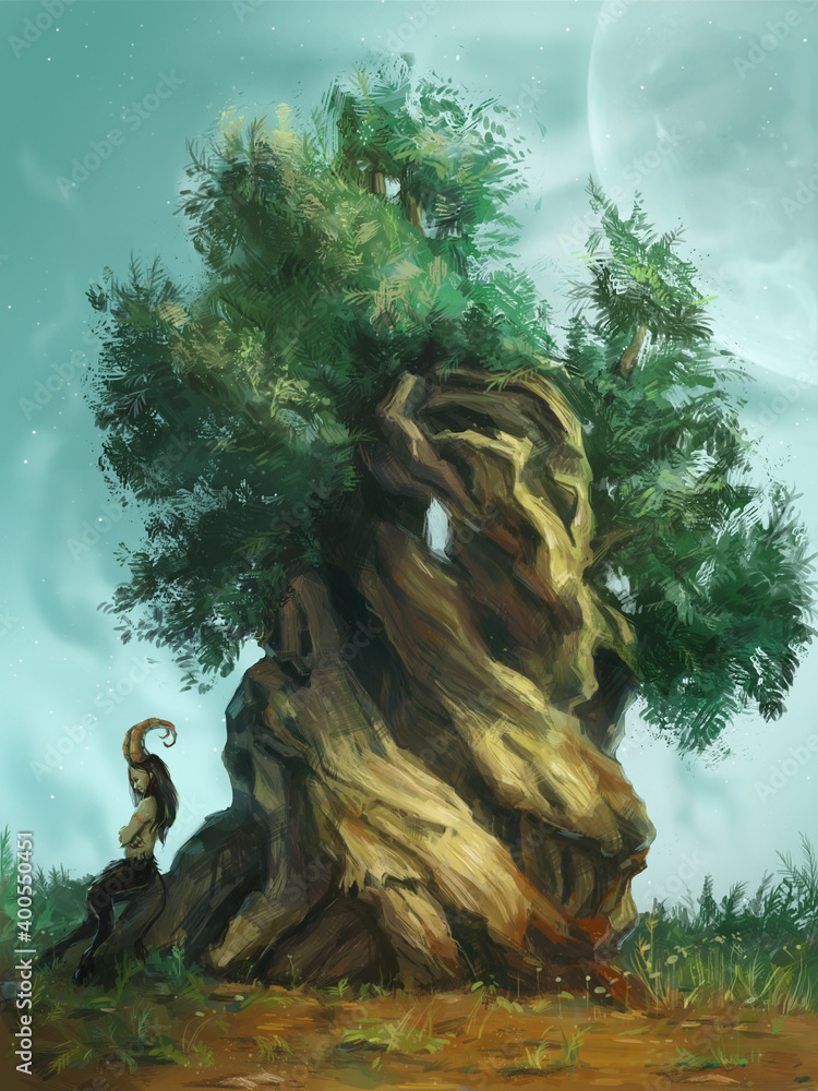 Digital painted illustration with satyr, faun, pan, and tree. Digital ...