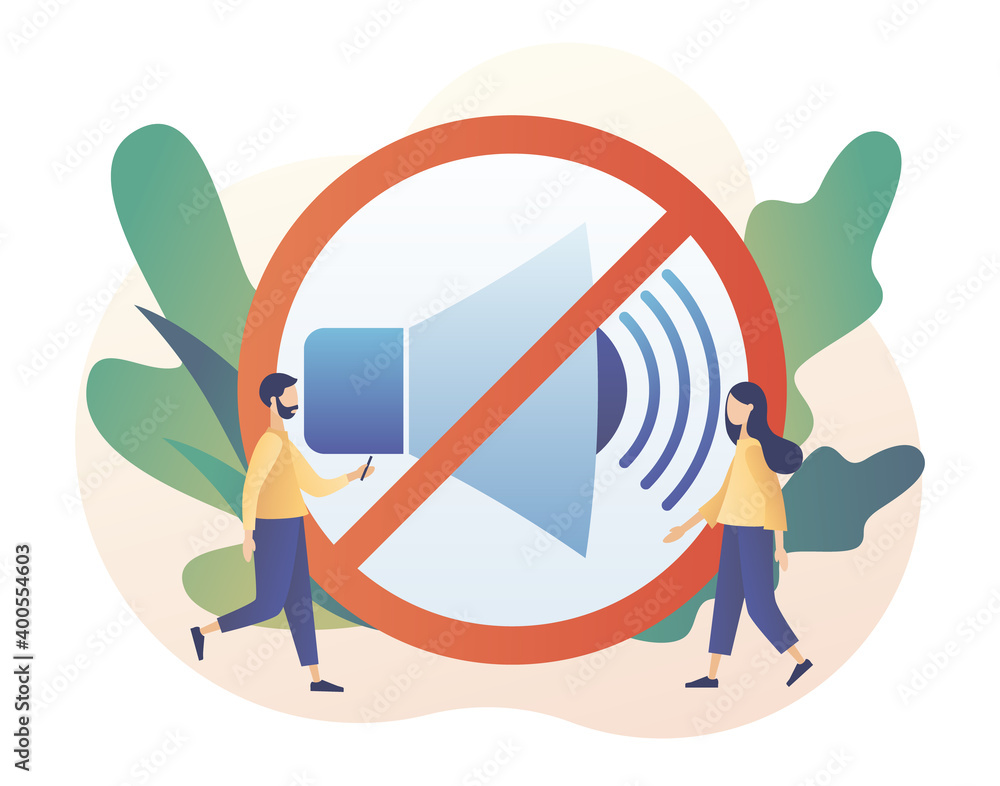 Stop noise big sign and tiny people. No sound, Quiet zone concept ...