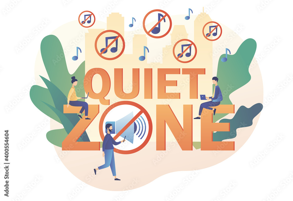 Quiet zone concept. Stop noise sign and tiny people. No sound, Volume ...