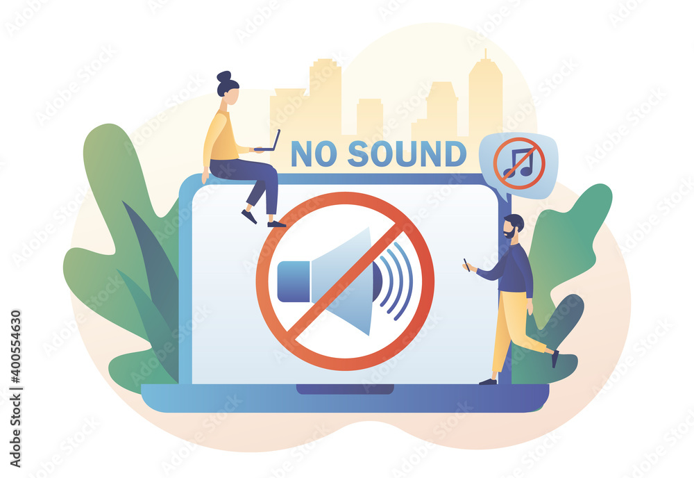 No sound. Stop noise sign and tiny people. Quiet zone concept. Volume ...