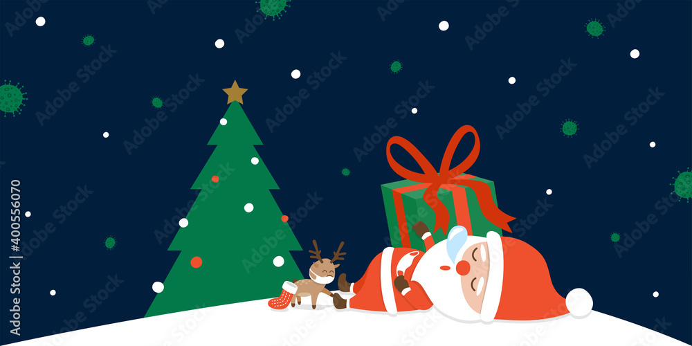 Sleepy Santa Claus or late Santa Claus with mask lying down on snow and ...
