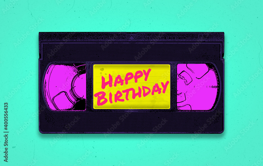 A vibrant and colorful retro synthwave Happy Birthday themed VHS video ...
