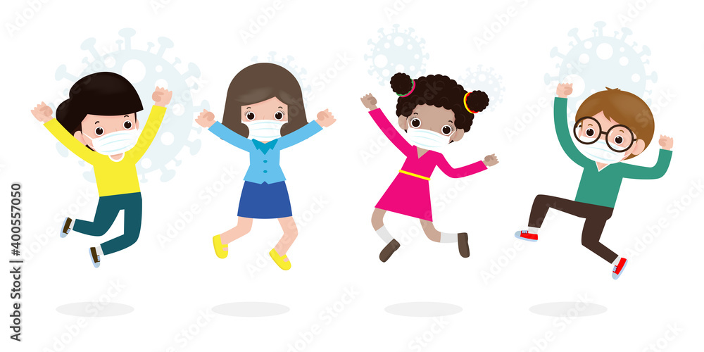 Back to school for new normal lifestyle concept. happy kids jumping ...
