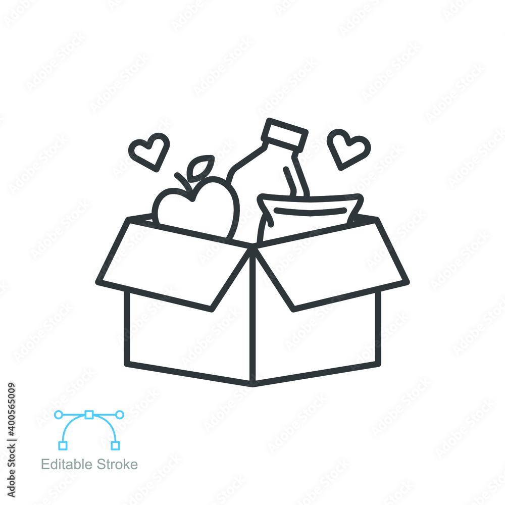 Food donations linear icon, pantry, food bank meal charity line ...