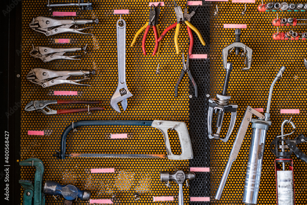 car automobile mechanic workshop with layout of mechanic tools and ...