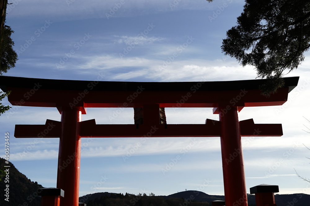 Japanese red big torii gate of Hakone Jinja Shrine at Hakone Kanagawa ...