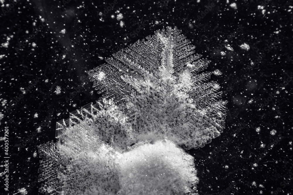 beautiful crystals of frozen water formed on the ice of the lake after ...