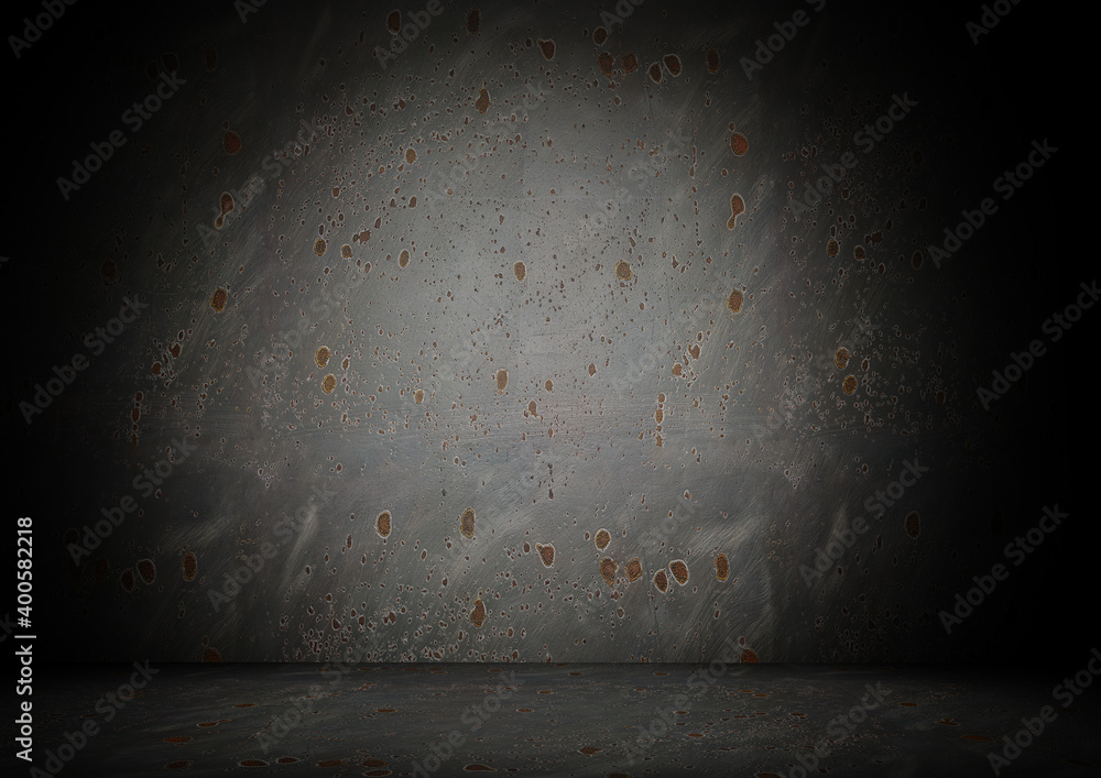 Metal reflective wall and floor with scracthes,stains and rust front ...