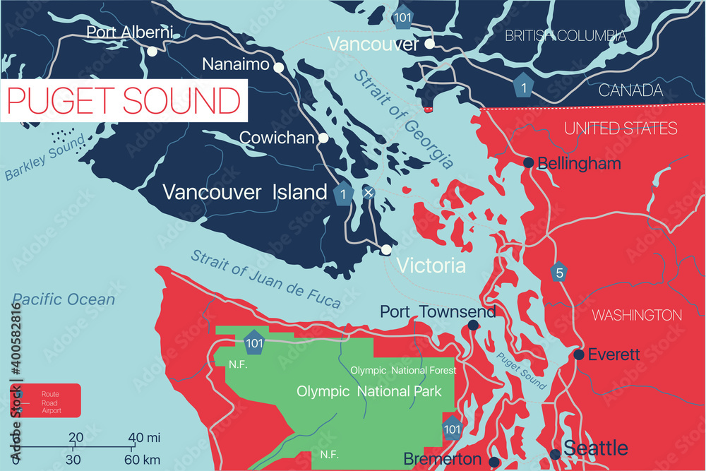 Poster Puget Sound detailed editable map with cities and towns ...