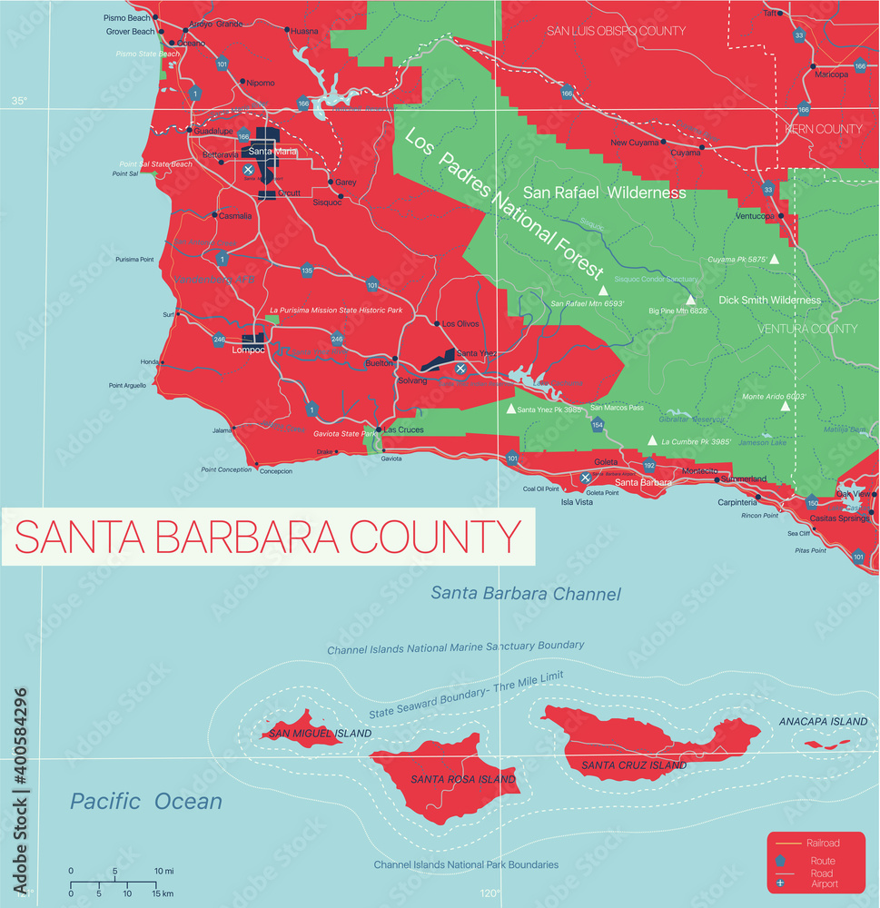 Vetor do Stock: Santa Barbara County detailed editable map with cities ...