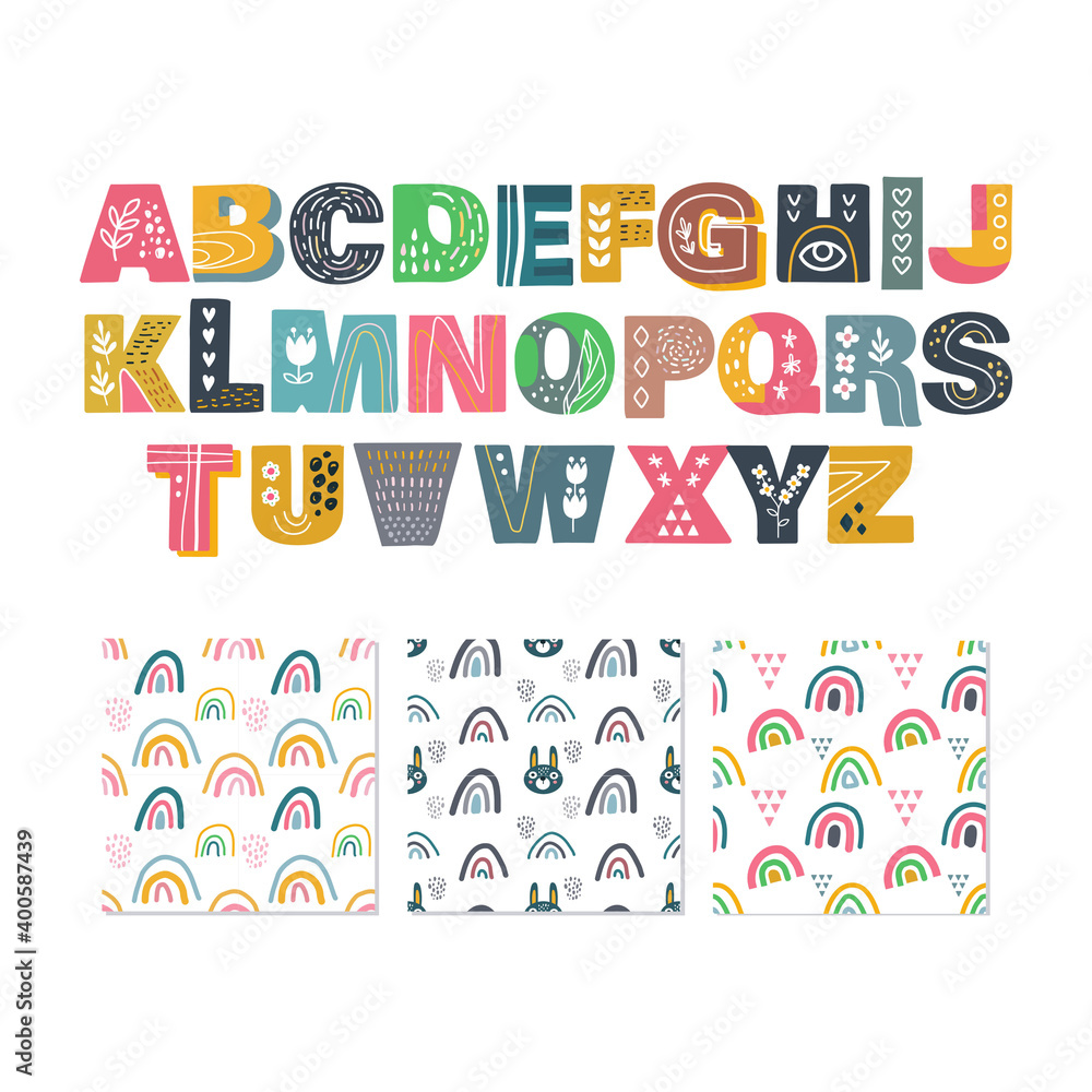 scandinavian alphabet and seamless pattern set cute fantasy clipart ...