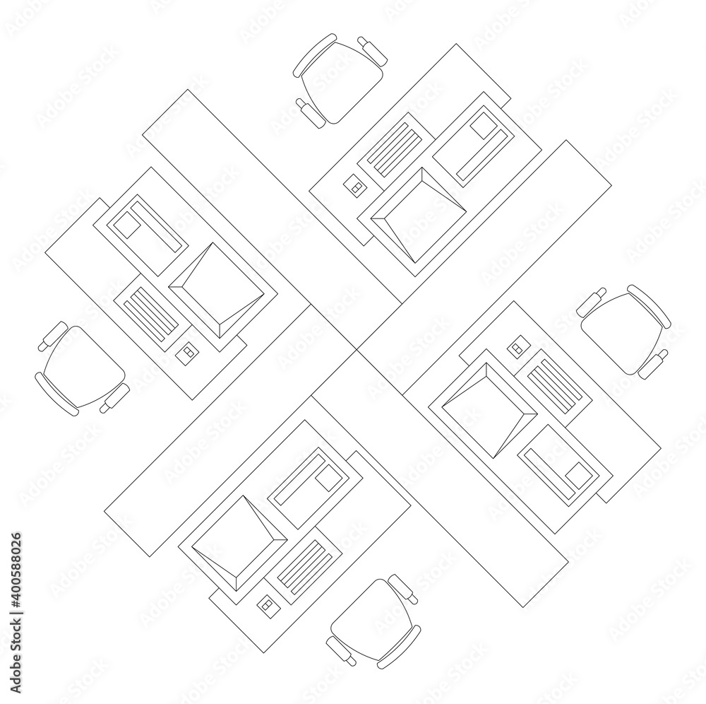Image of office cubicle and workstation from above in 2D CAD drawing ...