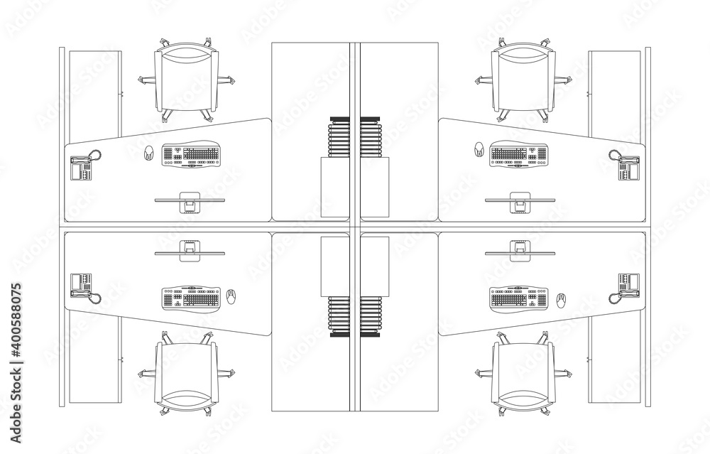 Image of office cubicle and workstation from above in 2D CAD drawing ...