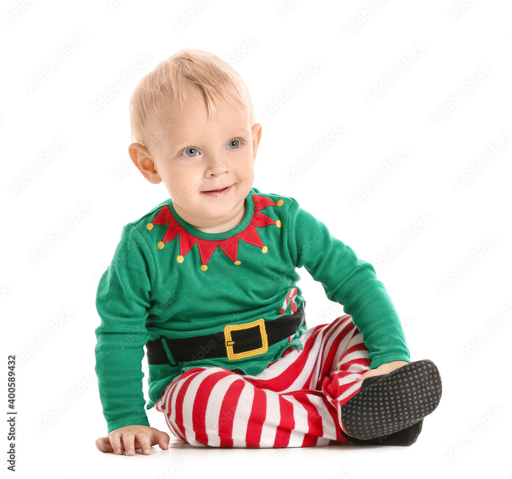 Cute little baby in elf's costume on white background Stock Photo ...