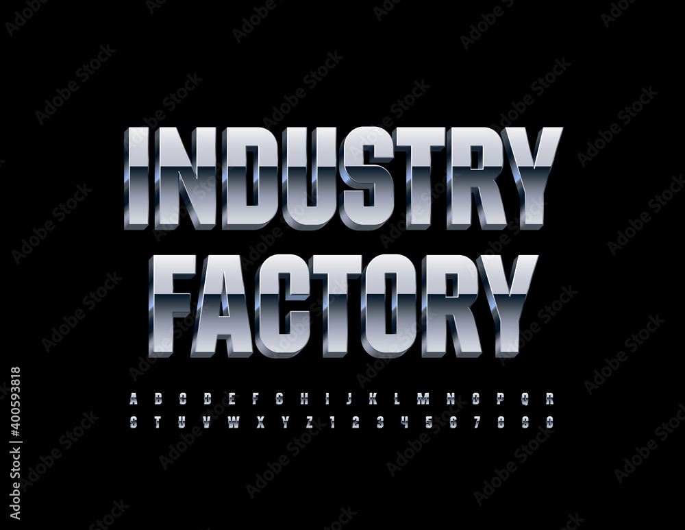 Vector metallic logo Industry Factory. 3D Chrome Font. Silver Alphabet ...