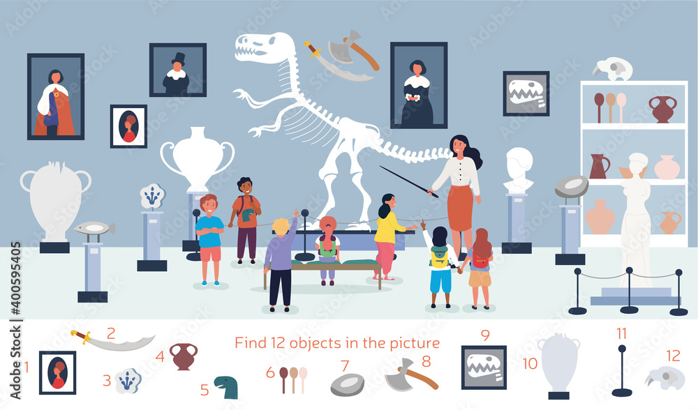 The guide telling children about exhibit in museum. Visitors viewing ...