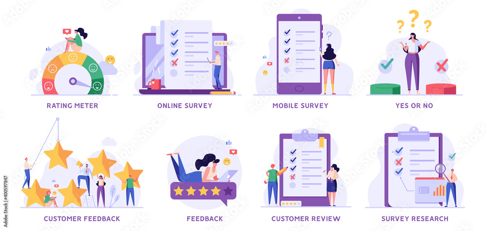 Survey Vector Illustration Set. People Giving Feedback, Choosing Answer ...