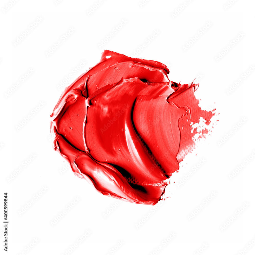 Bright red texture stain isolated white background. Abstract art oil ...