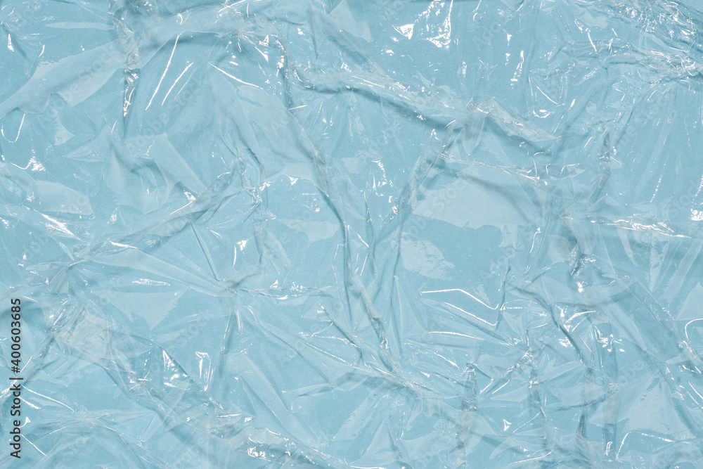 Wrinkled cling film, blue vinyl art background, wet effect texture ...