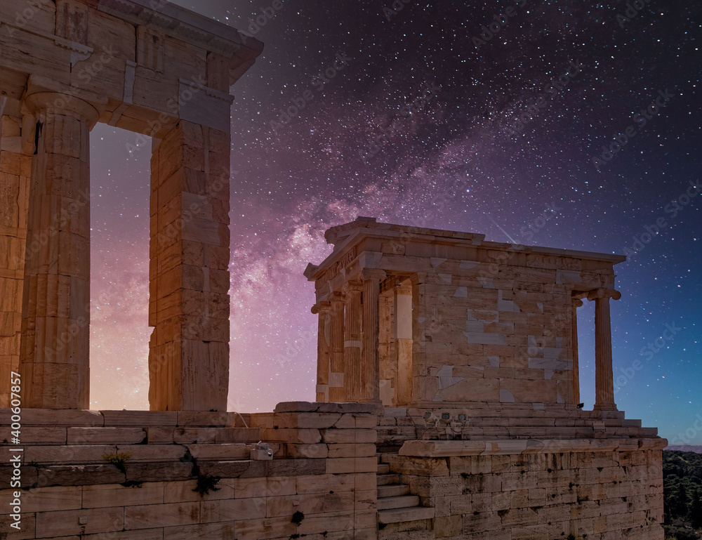 Athena Nike ancient temple illuminated by starry night sky, Athens ...