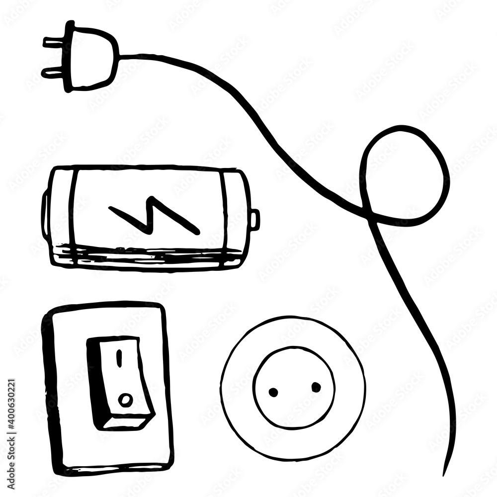 Set of electric symbols, socket, plug with cable, switch, battery. Hand ...
