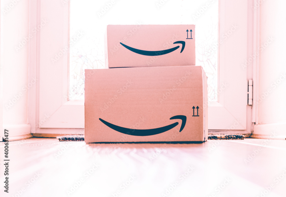 Amazon parcel delivery box with primeday arrow inside home on wooden ...