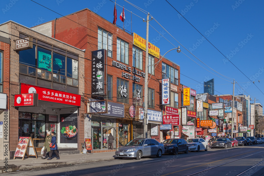 TORONTO, CANADA - JANUARY 01, 2017: Street view of main Chinatown in ...
