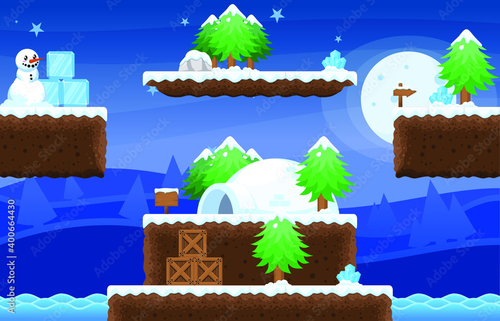 Snow side scroller platformer game tileset Stock Vector | Adobe Stock