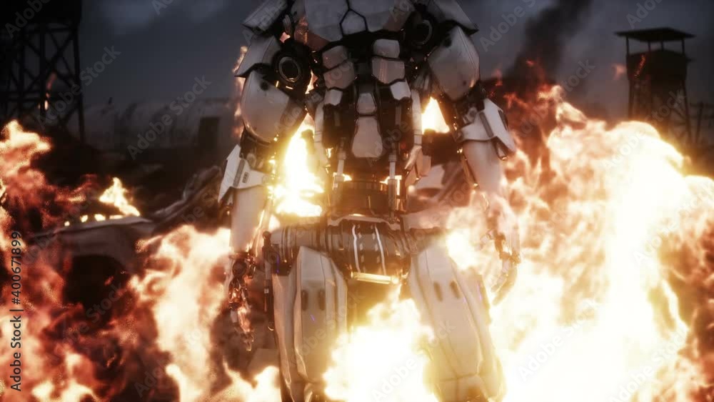Military robot in a burning ruined apocalyptic city. Armageddon view ...