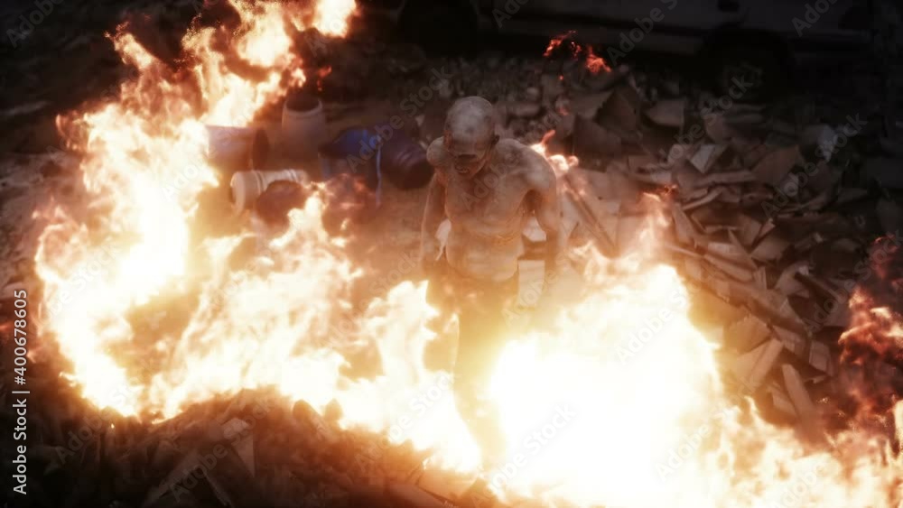 Zombie in a burning ruined apocalyptic city. Armageddon view. Zombie ...