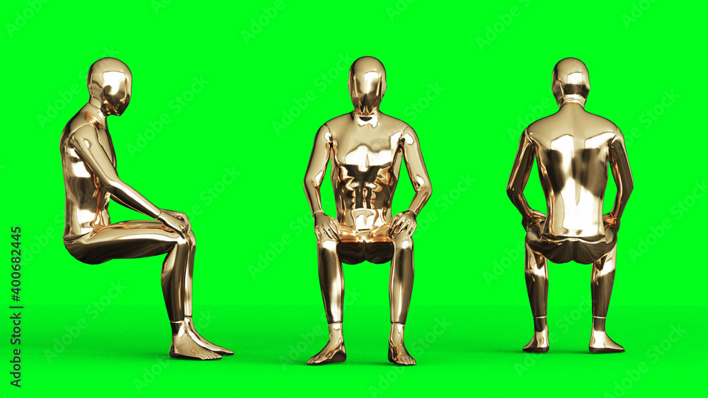Golden man character animation. Isolate on green screen. 3d rendering ...